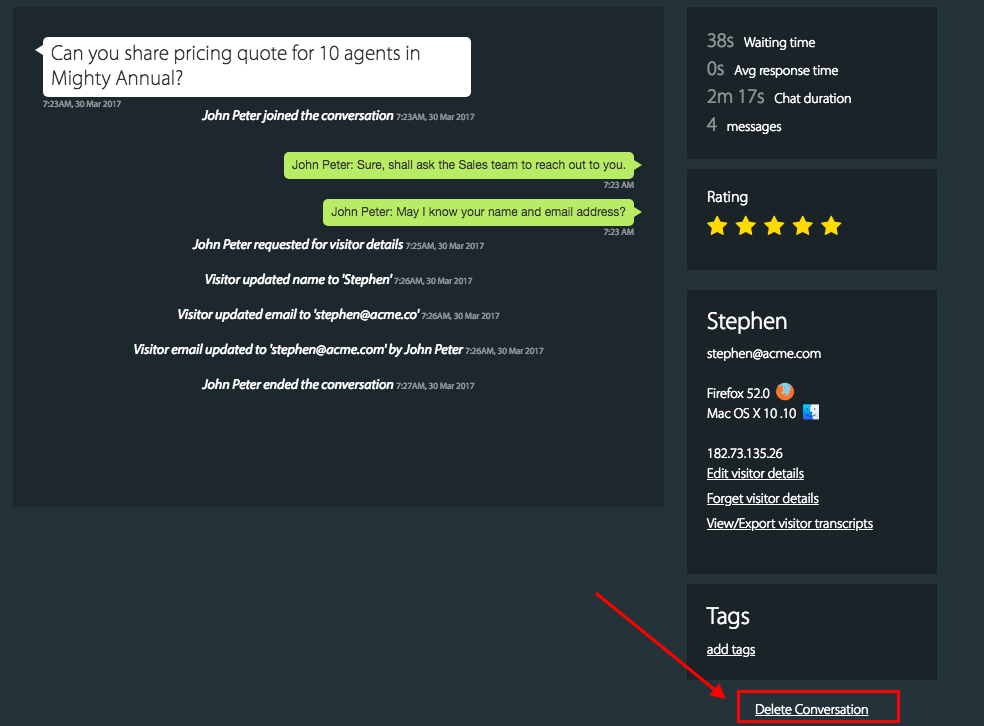 Chat - How to delete a chat transcript, an agent and edit visitor details - HappyFox Chat